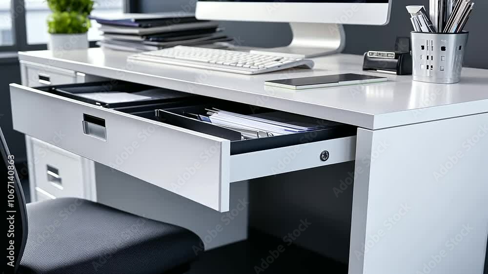 A modern white file storage cabinet with an open drawer showcasing a ...