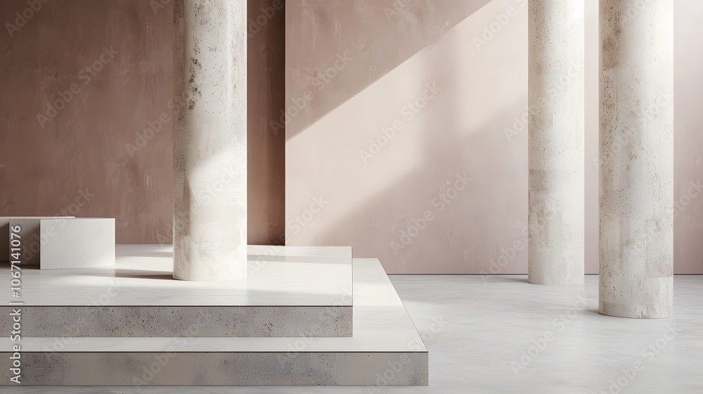 Raw gypsum pillars flanking a minimal modern podium AI generated ...