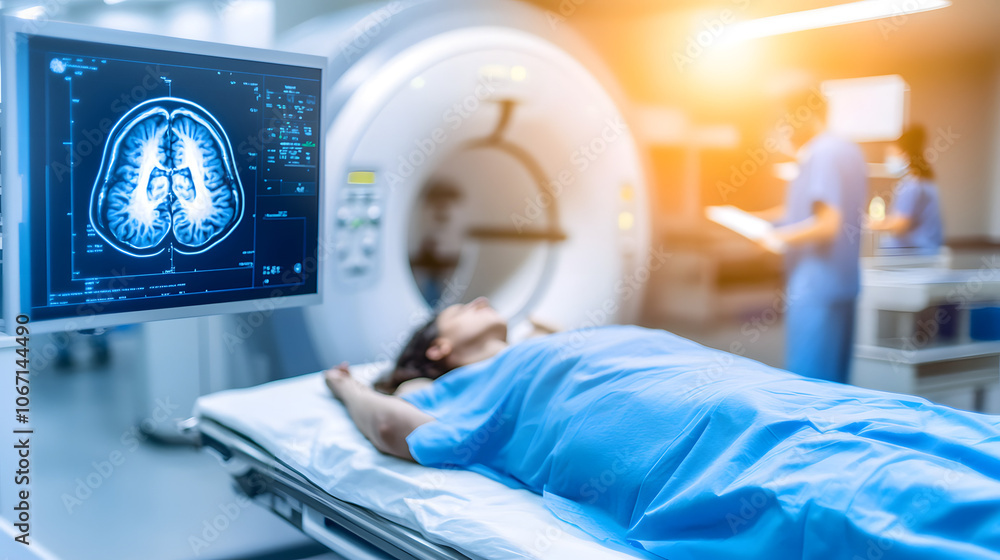 Neurological testing equipment: MRI scanner with a patient lying down ...