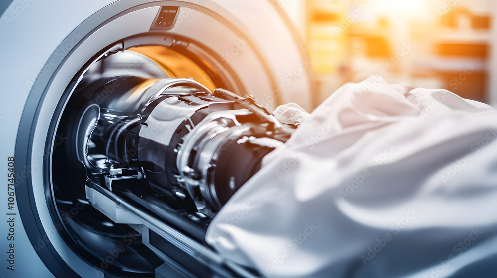 Neurological testing equipment: MRI scanner with a patient lying down ...