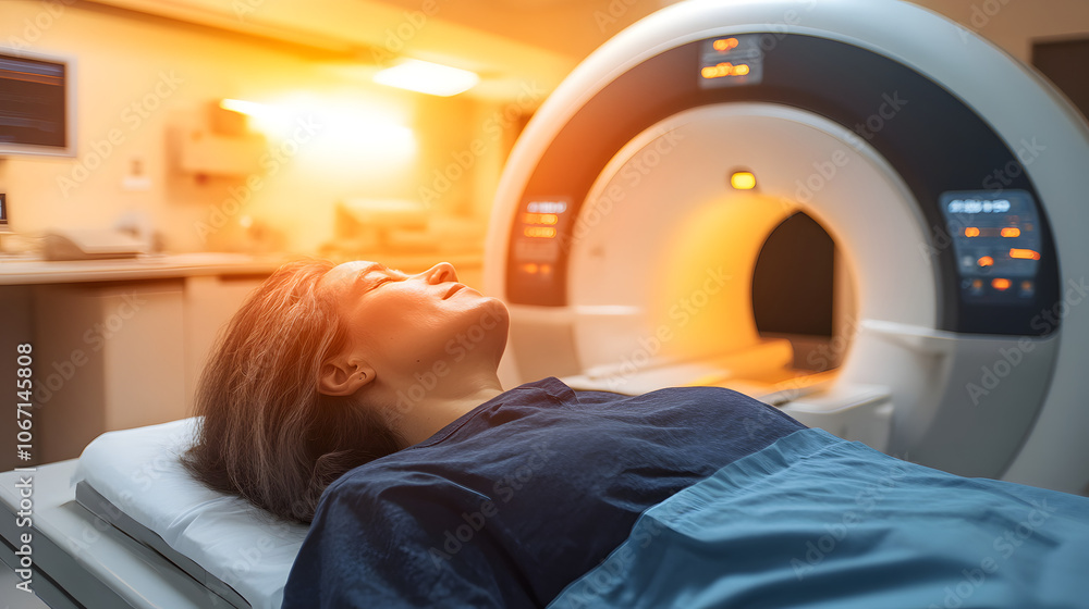Neurological testing equipment: MRI scanner with a patient lying down ...
