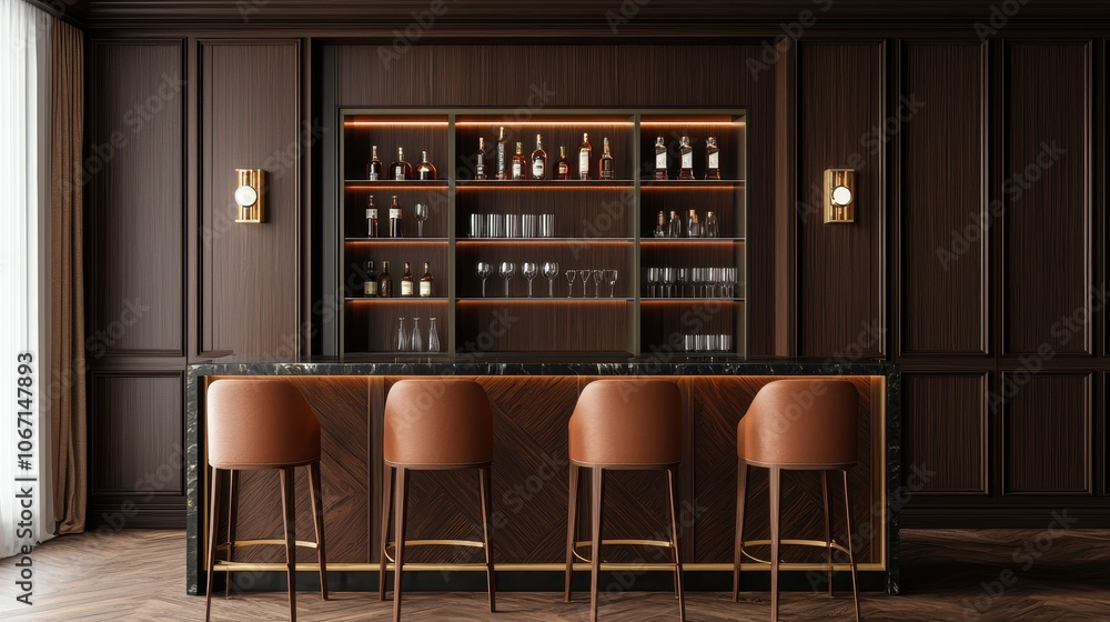 Carpenters installing a built-in home bar with dark wood paneling and ...