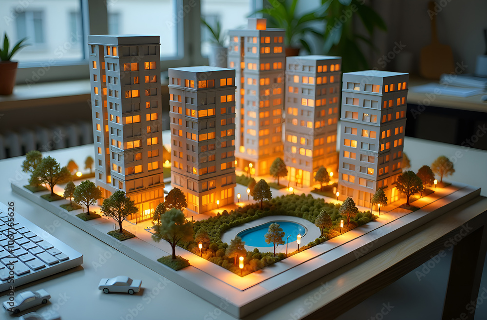 on the architect's desk in the studio is a model of a city block with ...