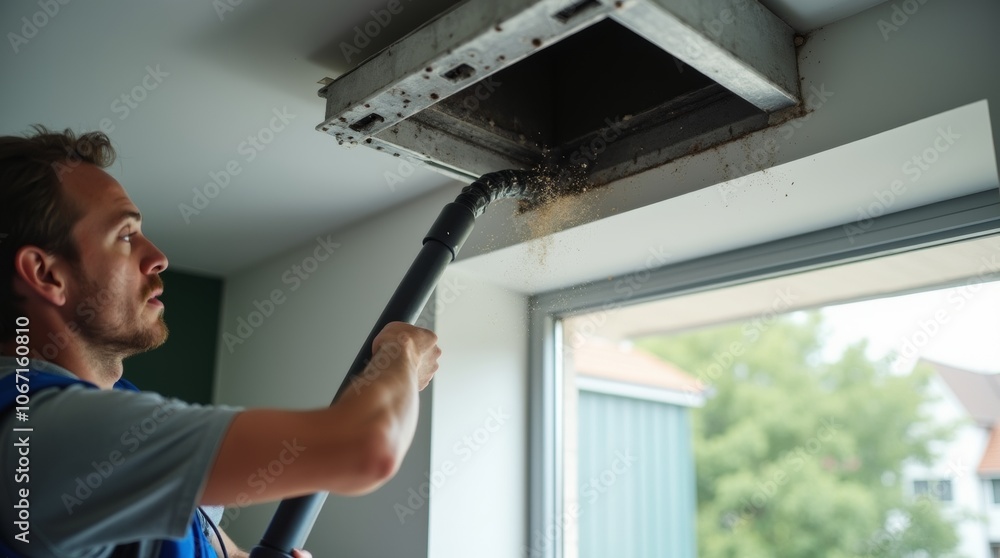 Technician cleaning air ducts with a vacuum hose, inside a modern home ...