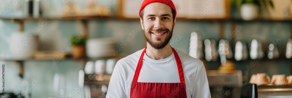 Smiling young barista wearing a red apron and hat in a cozy coffee shop ...