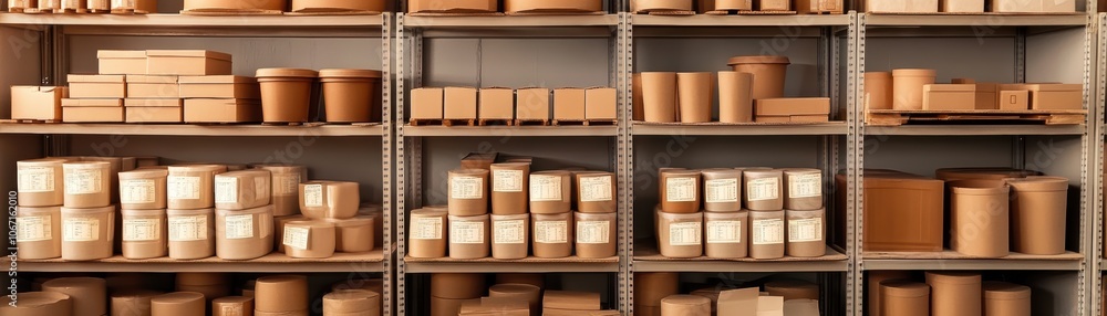 Stock control process in action, with warehouse shelves filled with ...