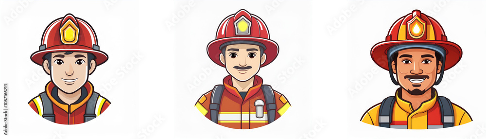 Three cartoon illustrations of firefighters with different facial ...