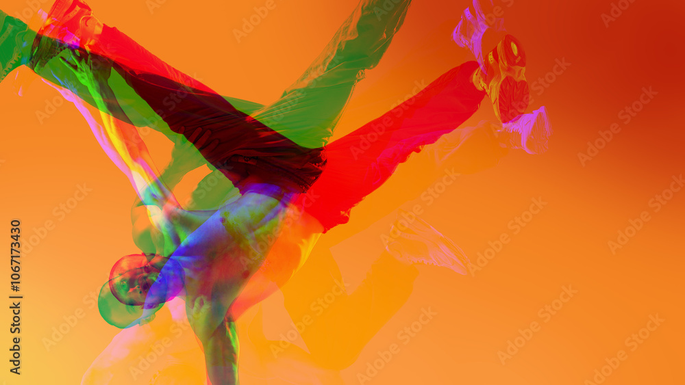 Breakdancer caught mid-spin, layered with vibrant red, green, and ...
