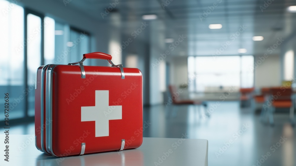 red first aid kit with white cross sits on table in modern medical ...