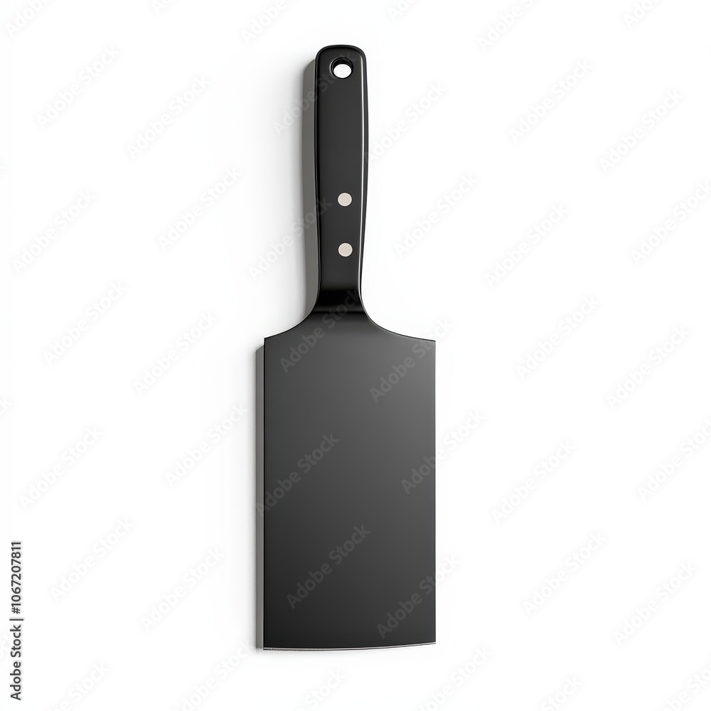 The image shows a sleek, black-handled cleaver with a shiny ...