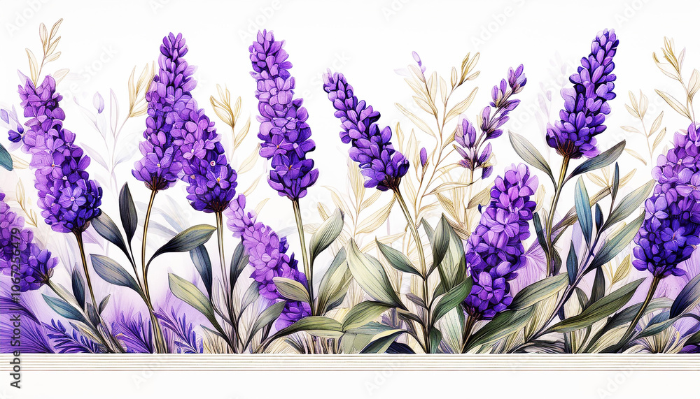 botanical illustration featuring tall lavender flowers in rich shades ...