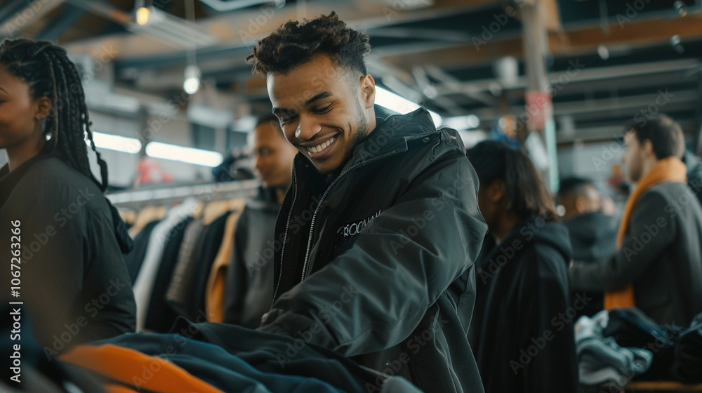 African-American guy sorting textile for donation, recycling process ...