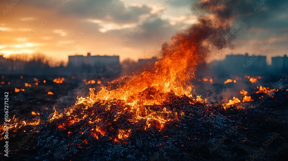 Burning embers and ashes from a fire, representing waste and ...