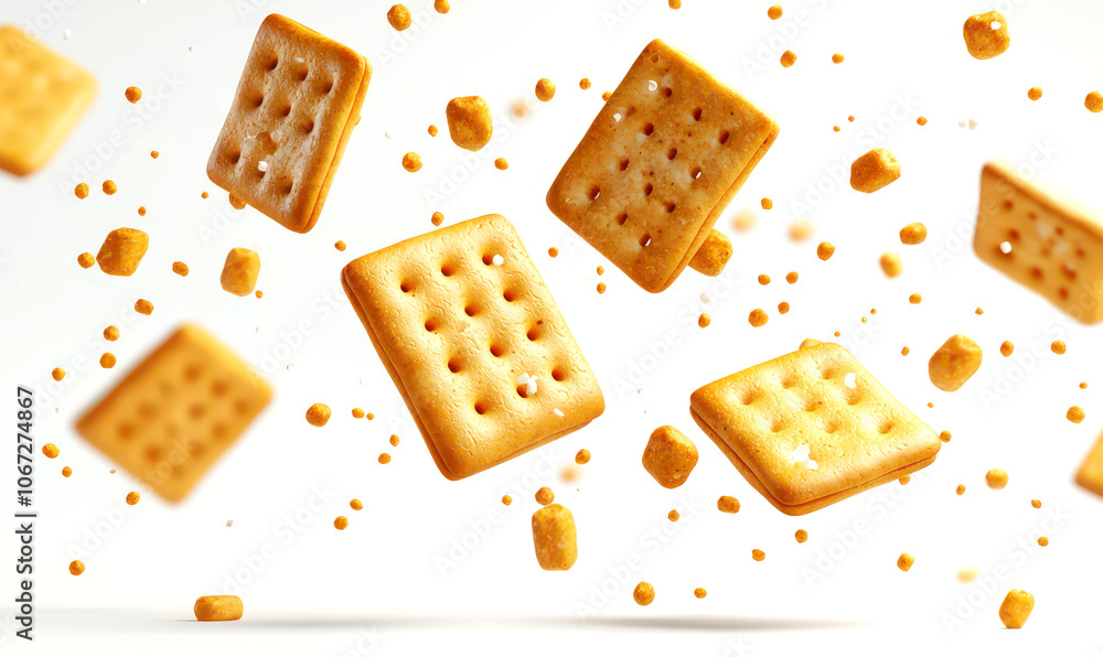 Flying crackers in mid air, falling crumbs, isolated on white isolated ...