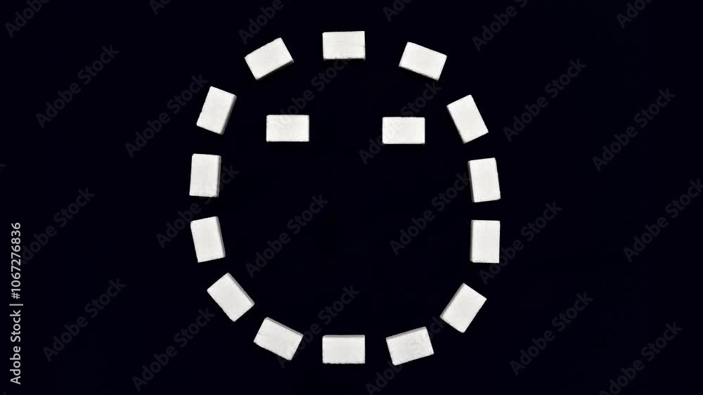 Sugar cubes appearing one by one and forming sad face on the black ...