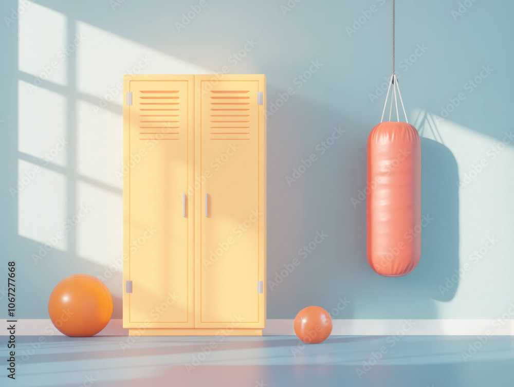 gym locker with pair of boxing gloves, punching bag, and exercise balls ...