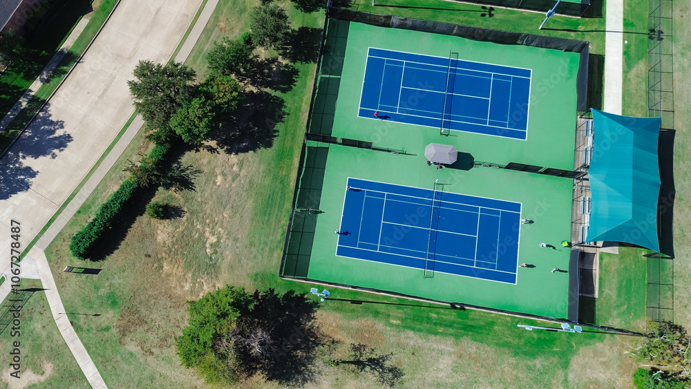 Close-up modern lighted tennis court in sport complex outside Dallas ...