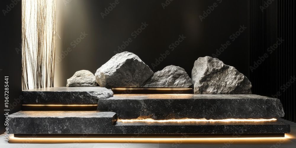 Black stone podium with layered rock elements, illuminated with accent ...