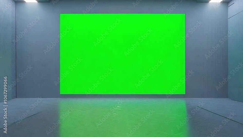 A spacious contemporary room features a bright green screen on the wall ...