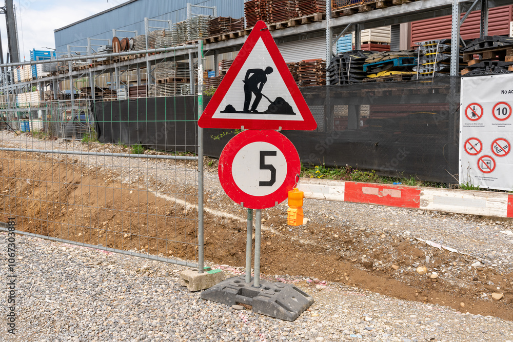 Construction site with gravel road, a speed limit sign with 5km/h and a ...