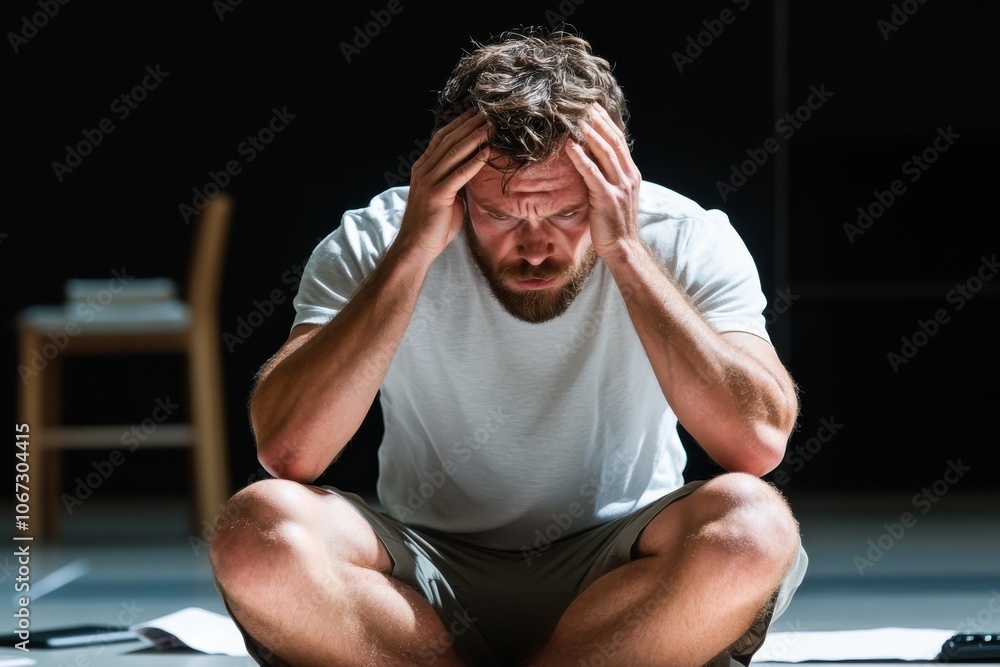 A stressed man holds his head in frustration while sitting under a ...