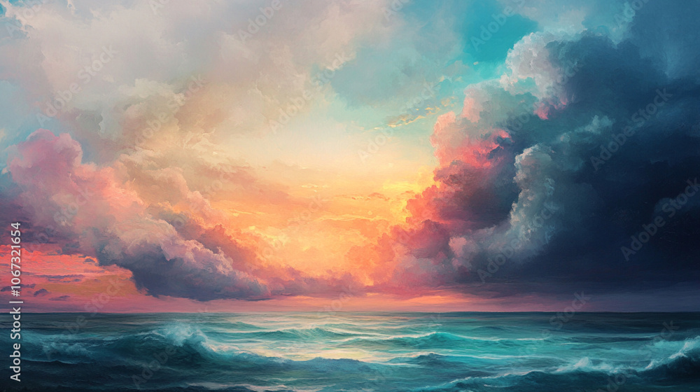 Fiery dusk paints the sky with orange and red hues as the sun dips ...