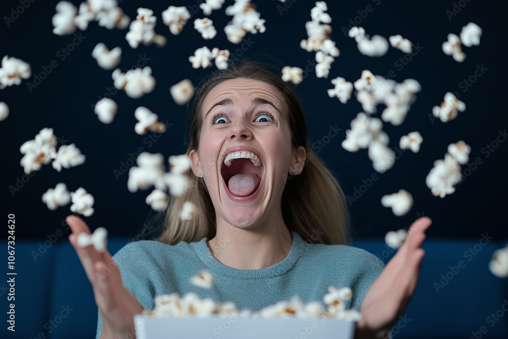 Scared and surprised woman in movie theater. Popcorn is flying around ...