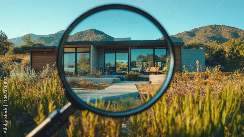 A magnifying glass focuses on a modern home nestled in a scenic ...