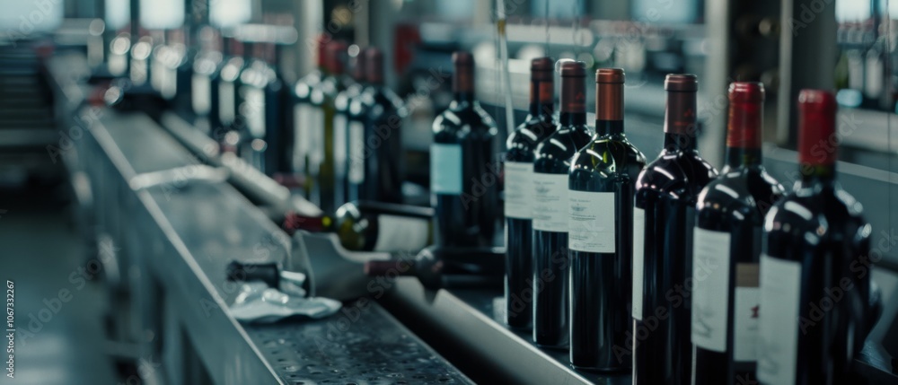 Sleek wine bottles line up flawlessly on a conveyor belt in a modern ...