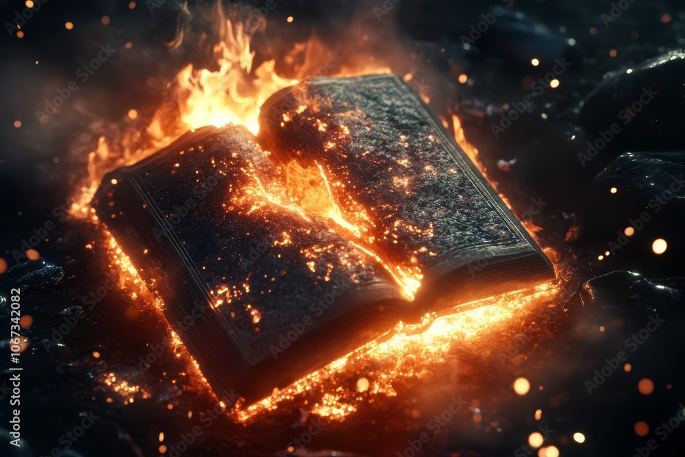 Burning Book Illustration with Flames and Sparks, symbolizing knowledge ...
