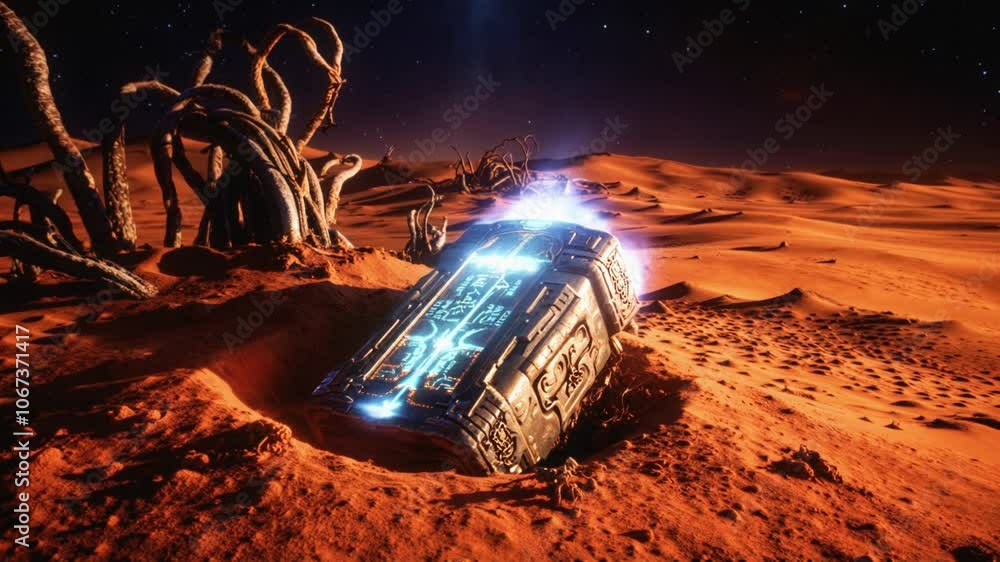 A glowing sci-fi artifact half-buried in a barren alien desert under a ...