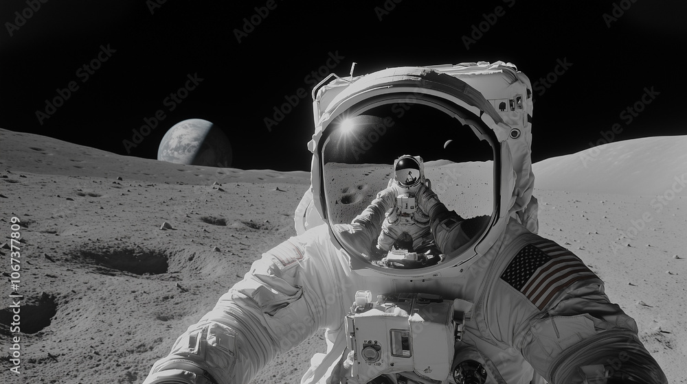Astronaut Standing on Lunar Surface in Full Space Suit, Reflections of ...