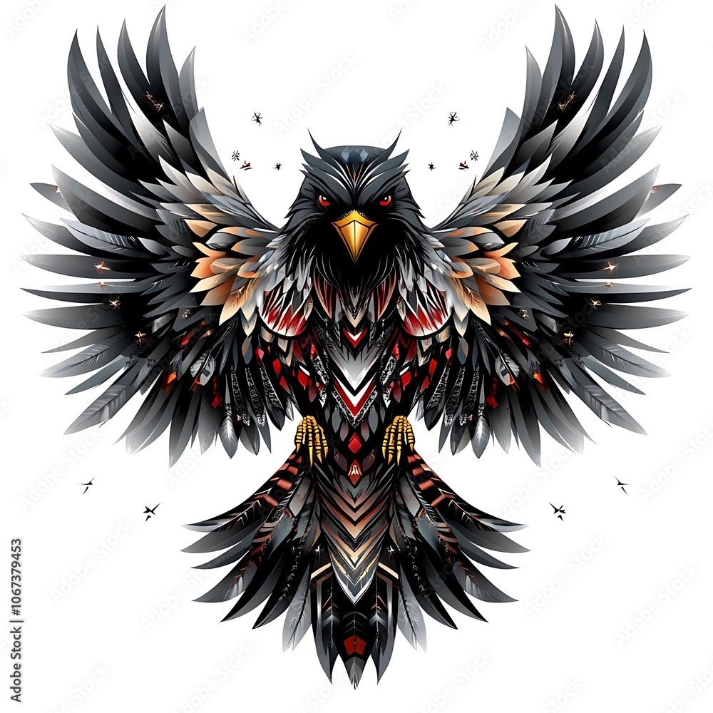 A black and red stylized bird with its wings spread wide. The bird is ...
