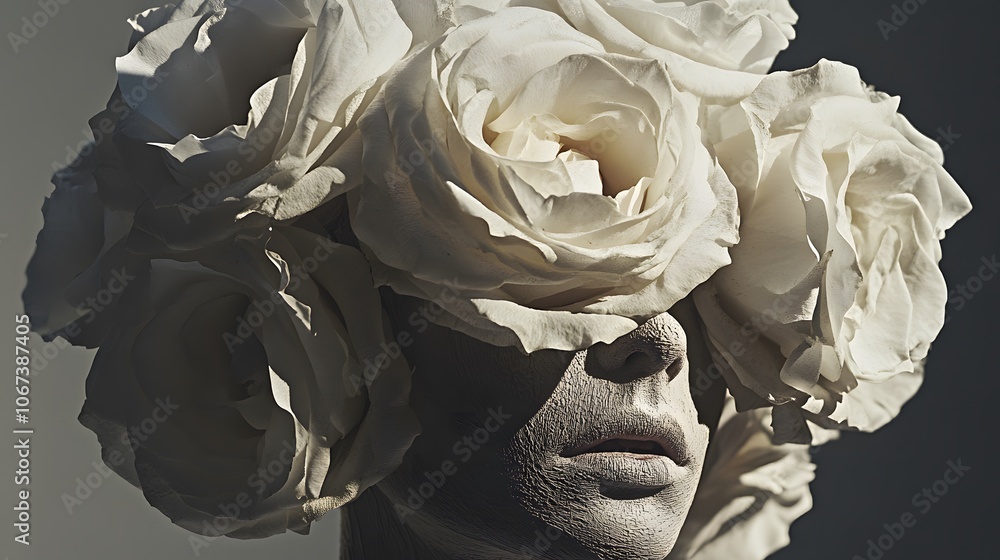 Photography of a faceless portrait where large white roses cover the ...