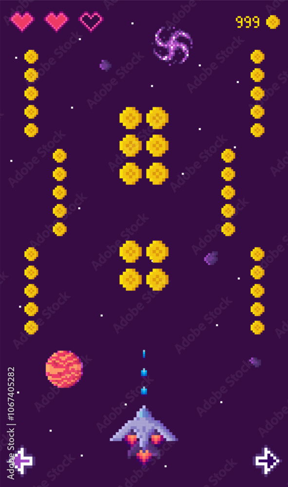 A pixel art style space shooter scene with a spaceship collecting coins ...