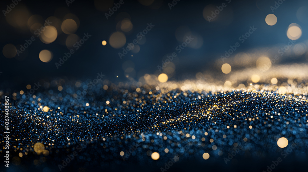 Abstract background with Dark blue and gold particles. Christmas Golden light shines particles ...