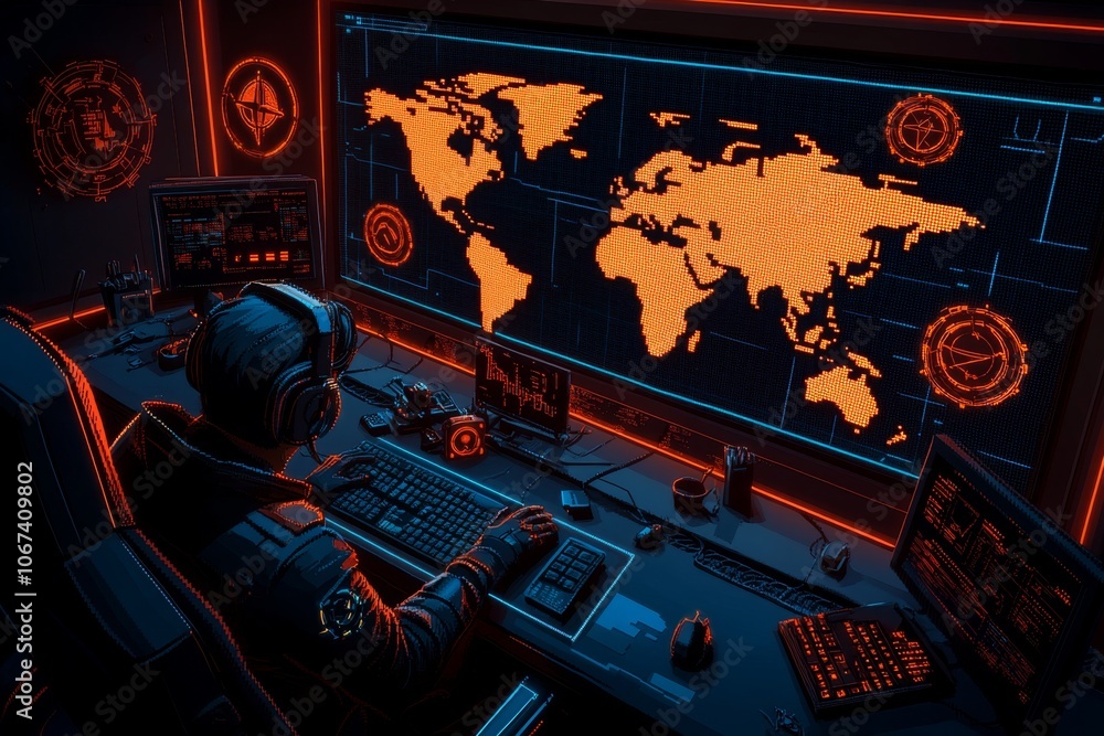 Pixel art of a cyber intelligence center with pixelated world map and ...