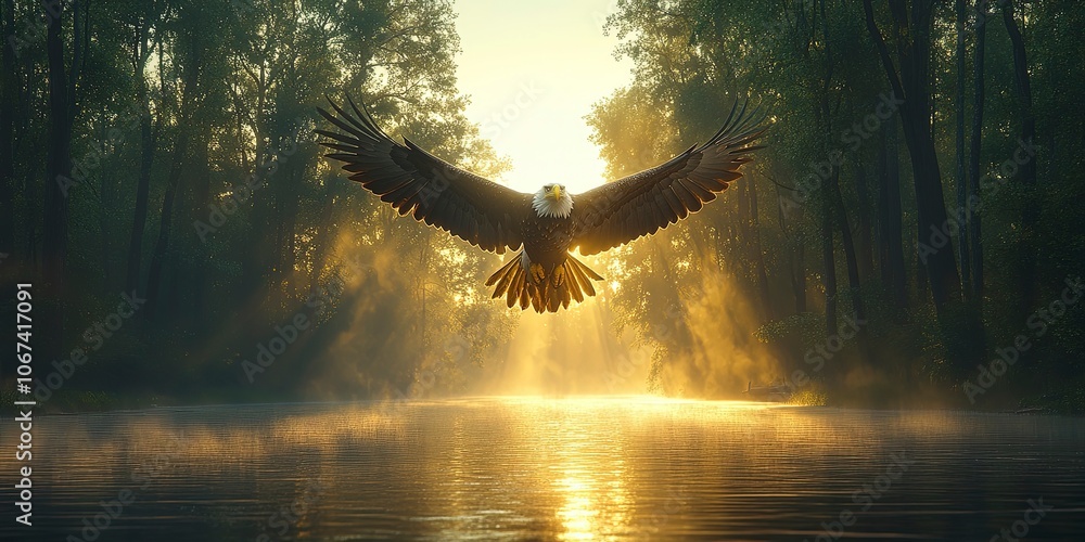Powerful bald eagle flying low over a river in a dense forest, early ...