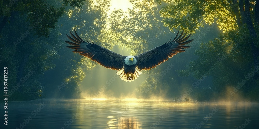 Powerful bald eagle flying low over a river in a dense forest, early ...