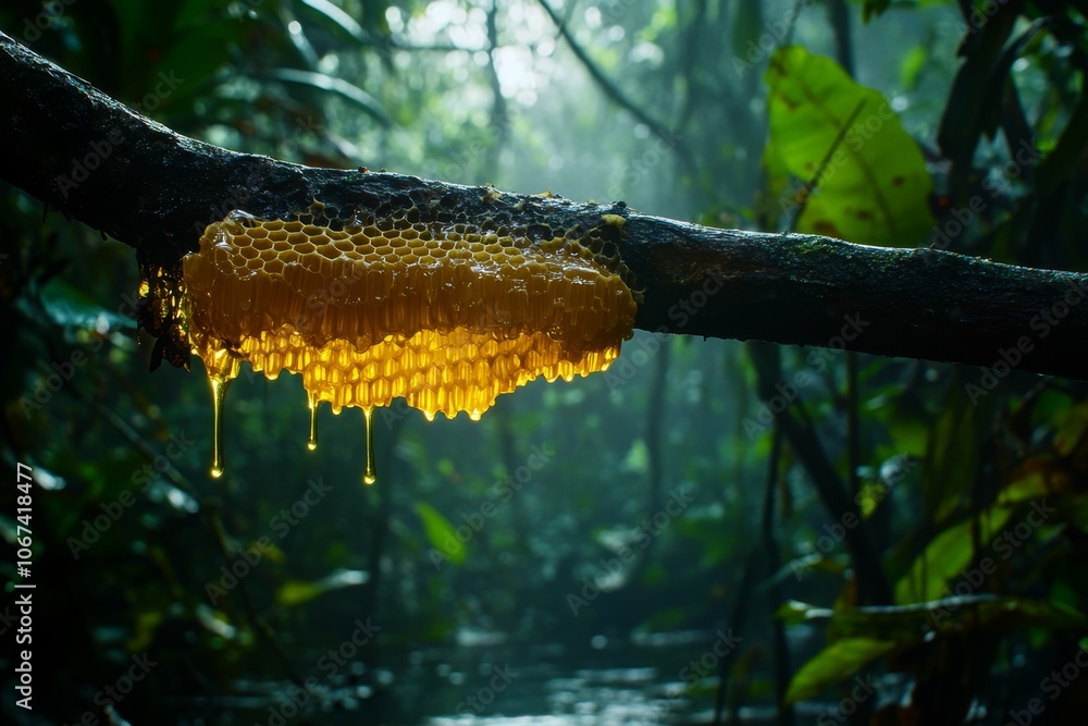 A close-up shot of a wild honeycomb hanging from a branch in a lush ...