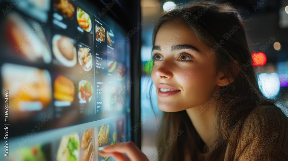 Young woman engaged with interactive digital menu display for enhanced ...