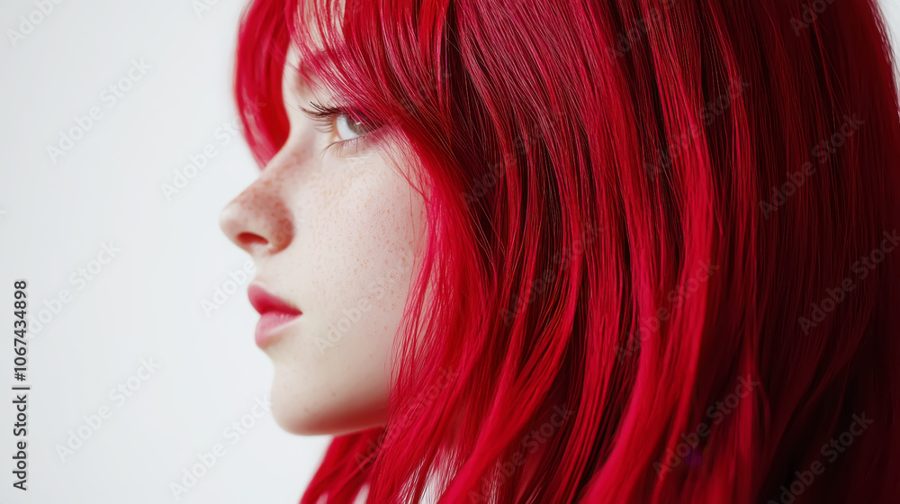 Bright red hair profile of teenage model in studio setting for fashion ...