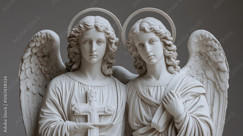 Two different side views of an angel statue holding a cross, one on the ...