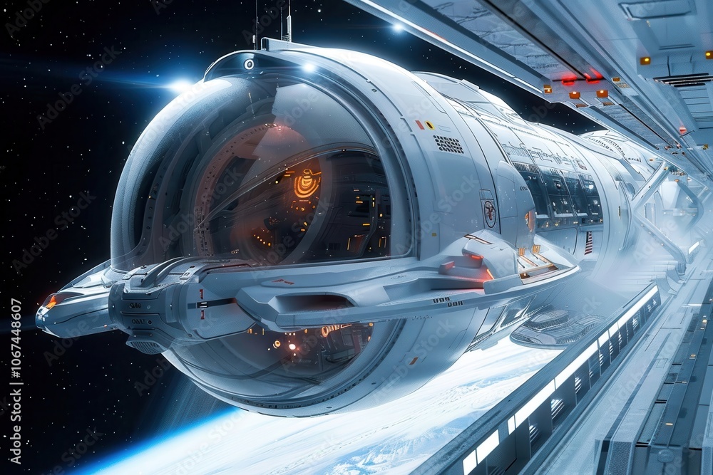 futuristic spacecraft with a sleek glass dome and illuminated interior ...