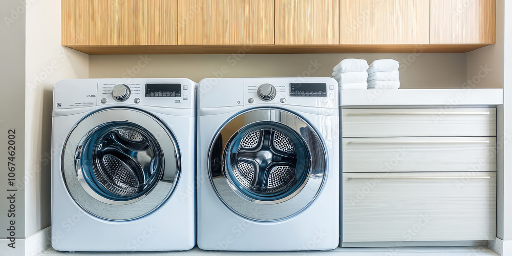 Washing machine and dryer in a modern laundry room interior ...