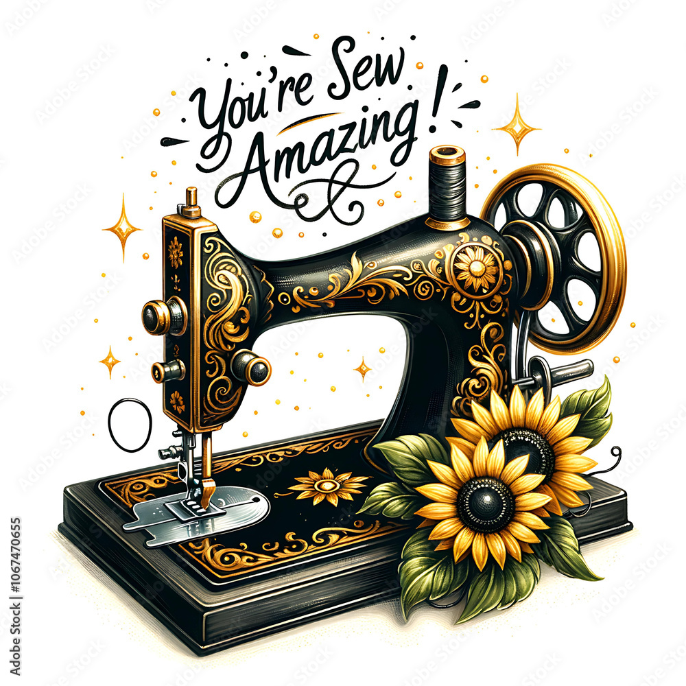 Vintage Sewing Machine decorated with Sunflowers and the phrase 'You're ...