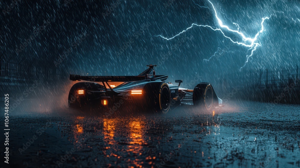 Silver open-wheel racing car power-sliding through water, dramatic ...