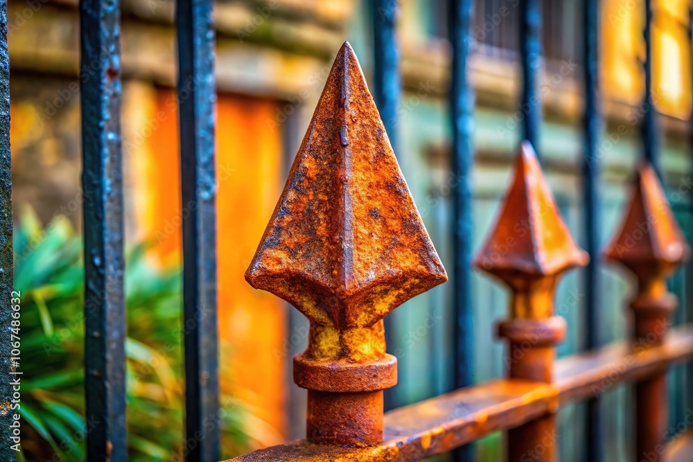 Rusty steel fence, arrowhead house bars. Architectural detail. Stock ...
