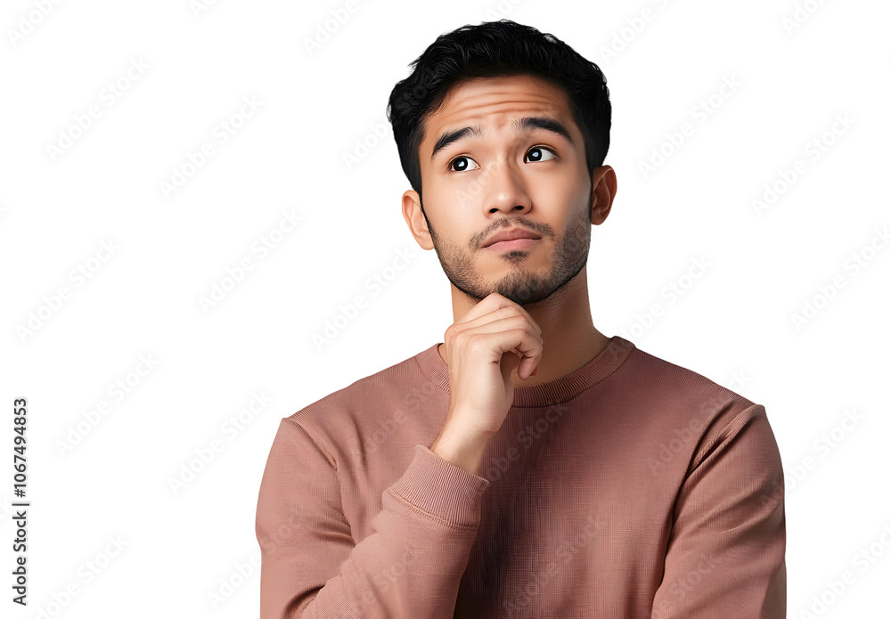 Thinking, face and asian man with decision on isolated, transparent and ...