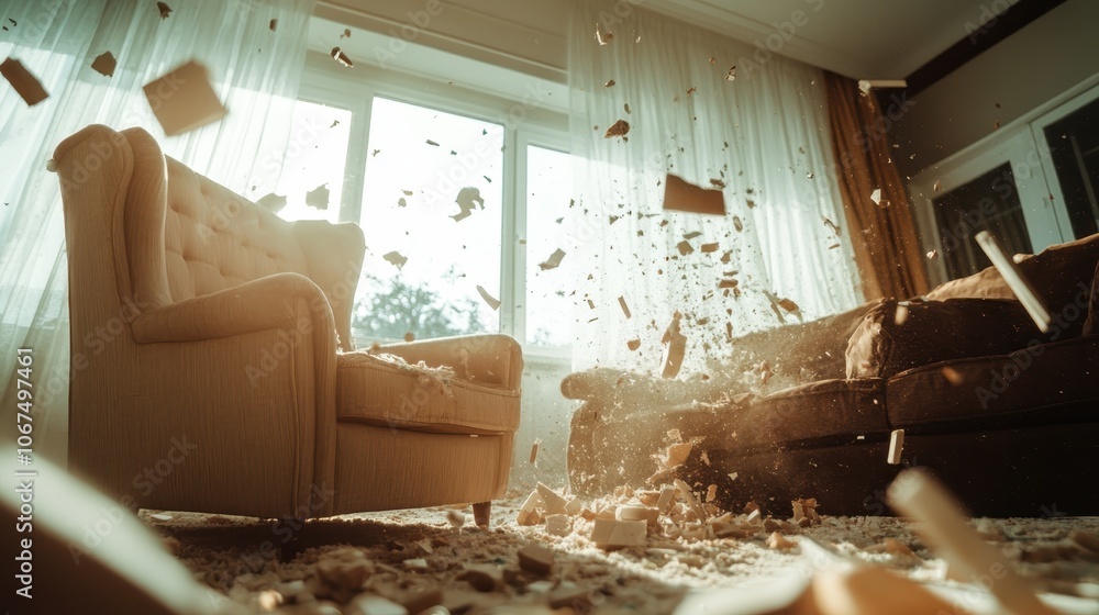 Sunlight streams into a living room highlighting a beige armchair as ...